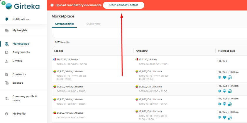 Onboarding process - Document upload and Company Profile set up – Girteka