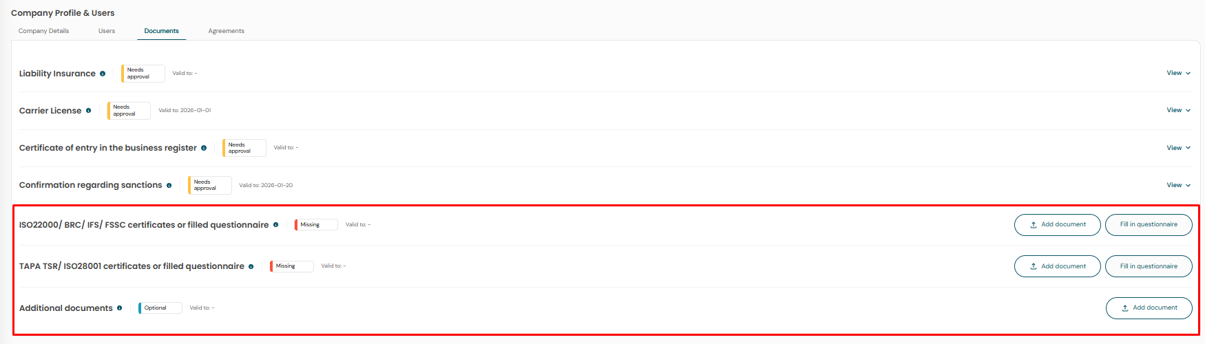 Onboarding process - Document upload and Company Profile set up – Girteka